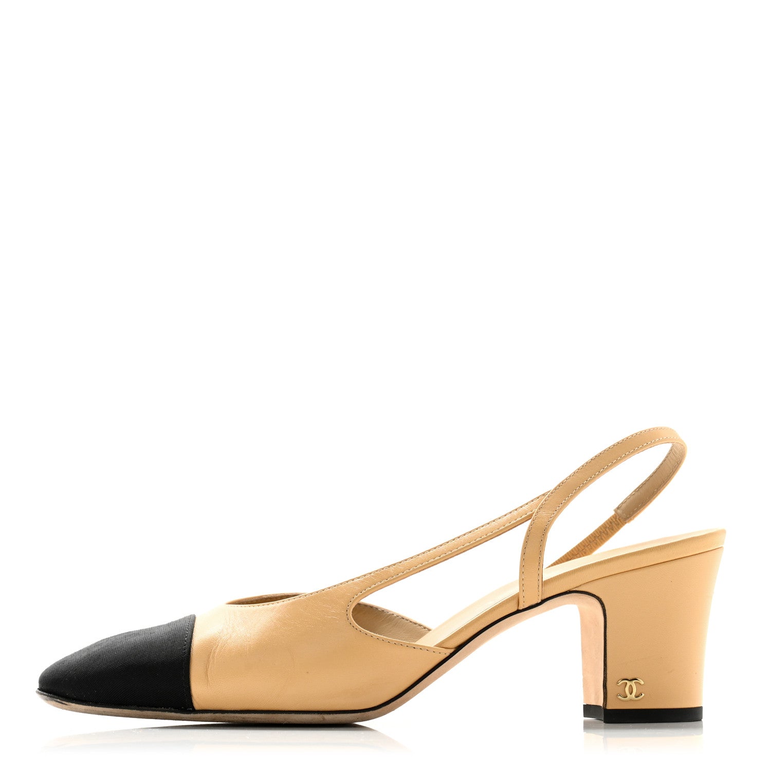 Chanel Goatskin Grosgrain Cap Toe CC Slingback Pumps 40 Beige Black ...