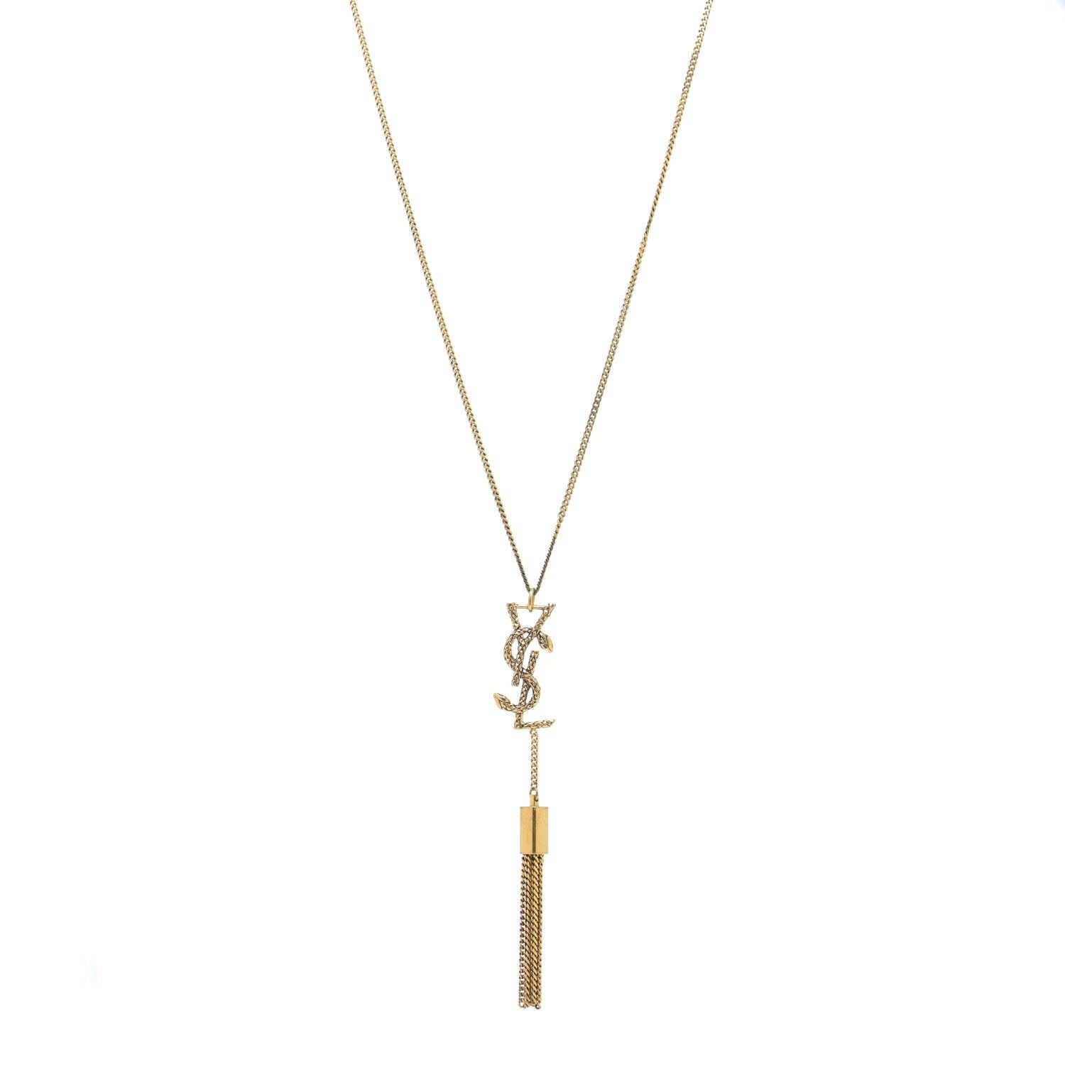 Saint Laurent Brass Snake Monogram Tassel Necklace Gold 922245 ...