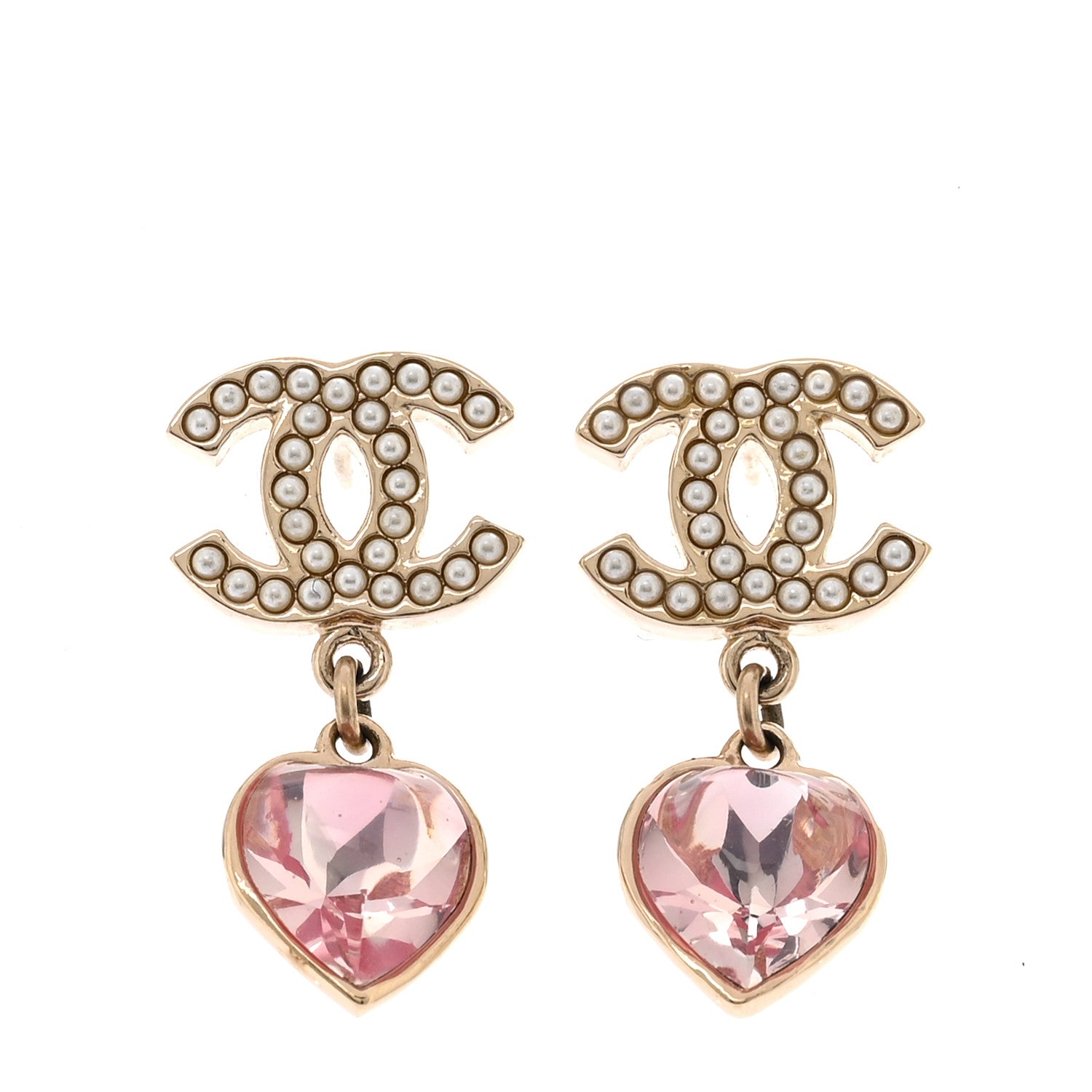 Chanel Crystal Pearl Heart CC Drop Earrings Pink Gold 1710534 ...