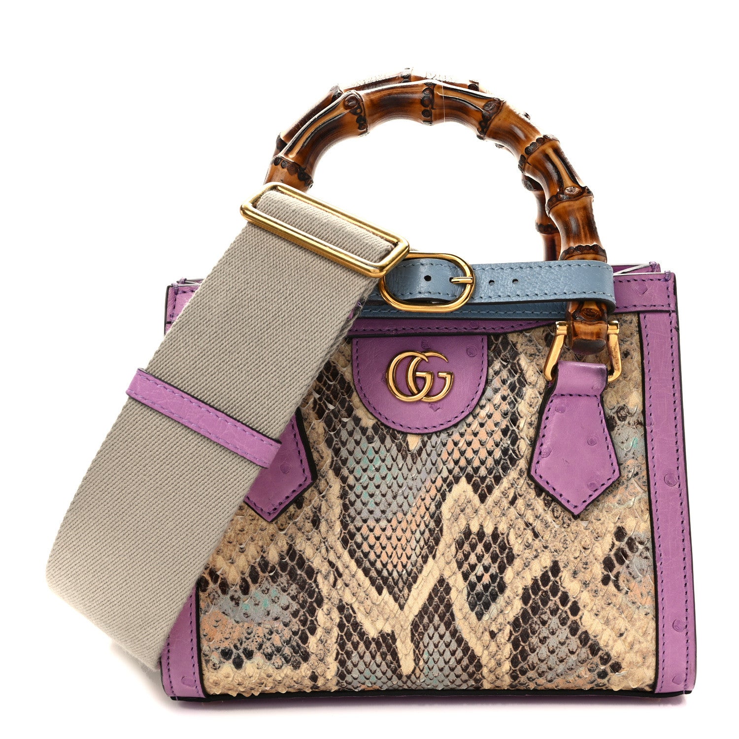 Gucci Snakeskin Ostrich Mini Diana Tote Bag Beige Blue Purple 1498592