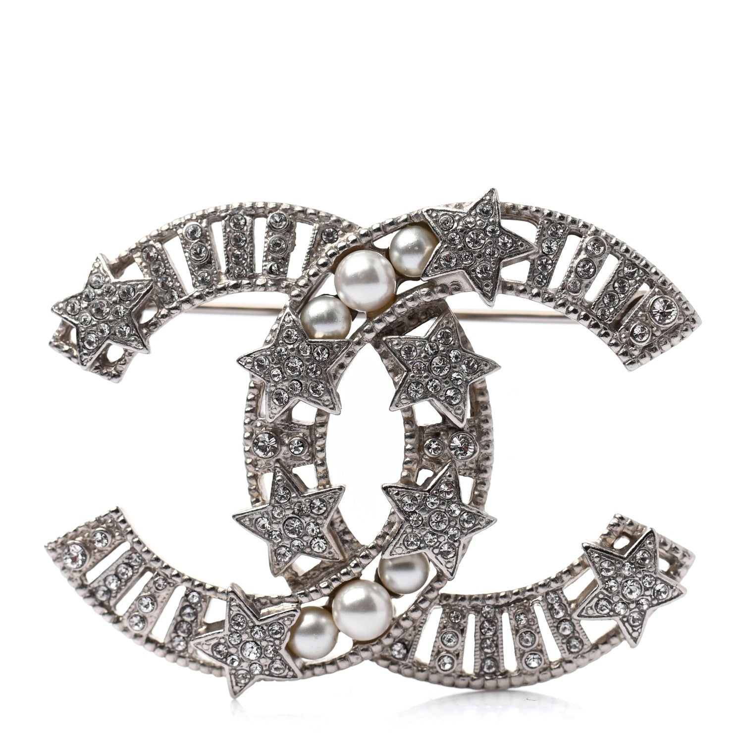 Chanel Crystal Pearl CC Star Coco Flapper Brooch Silver 920551 ...