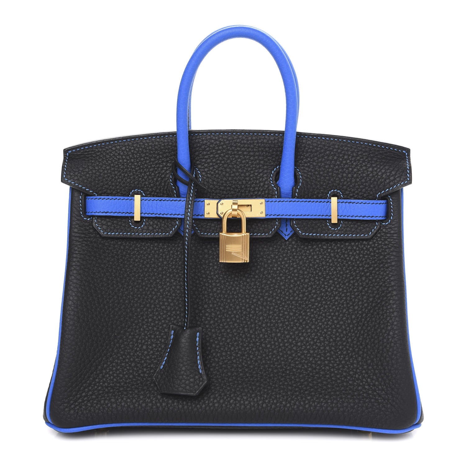 Hermes Taurillon Clemence Horseshoe Birkin 25 Black Bleu Hydra 598934 ...