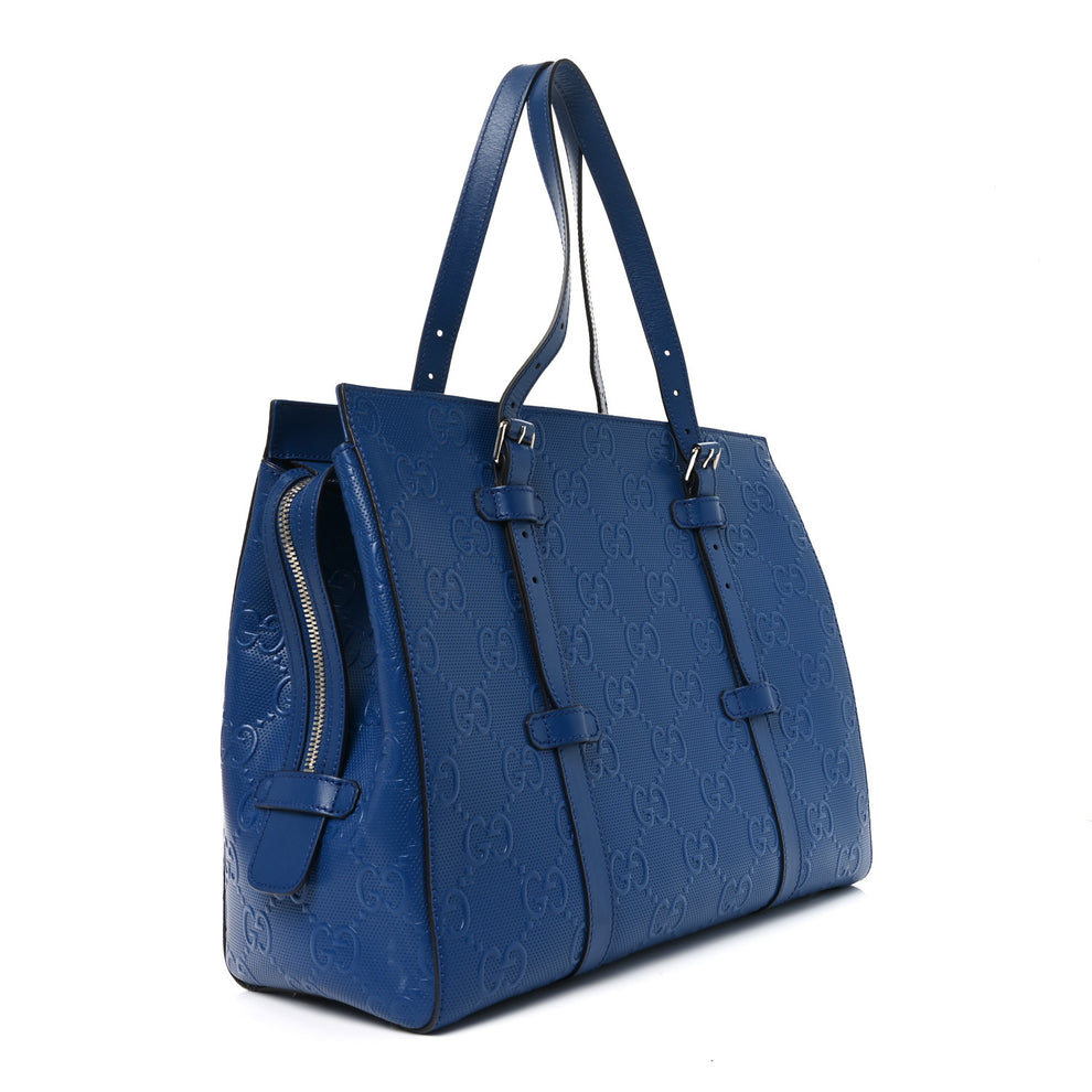 Gucci Calfskin GG Tennis Embossed Tote Bag Intense Metal Blue 1781490 ...