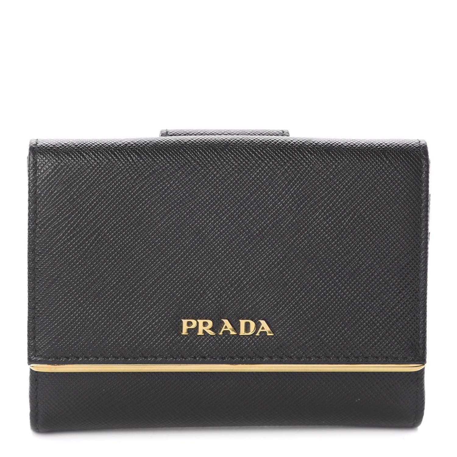 Prada Saffiano Compact Metal Bar Flap Wallet Black 579509 – FASHIONPHILE