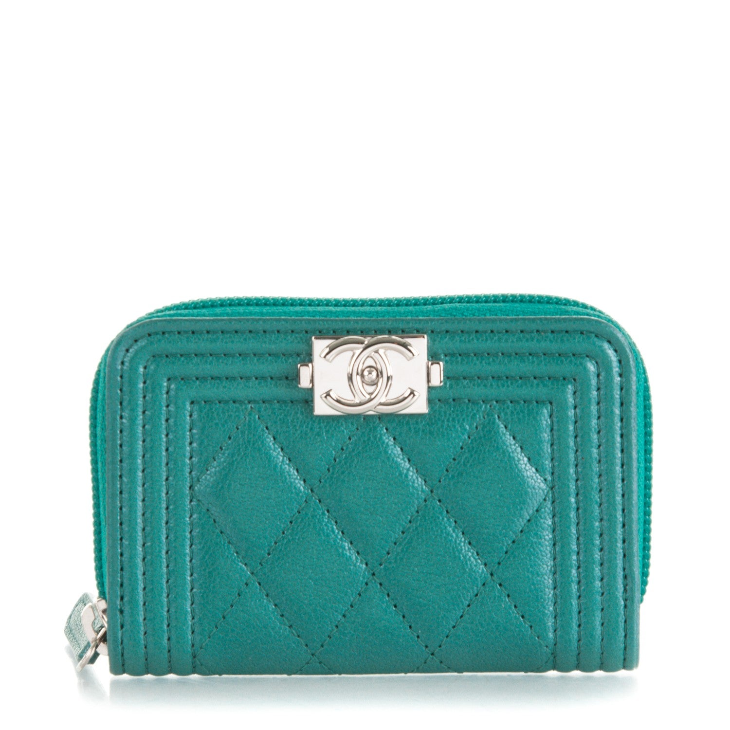 Chanel Metallic Goatskin Boy Zip Around Coin Purse Wallet Turquoise ...