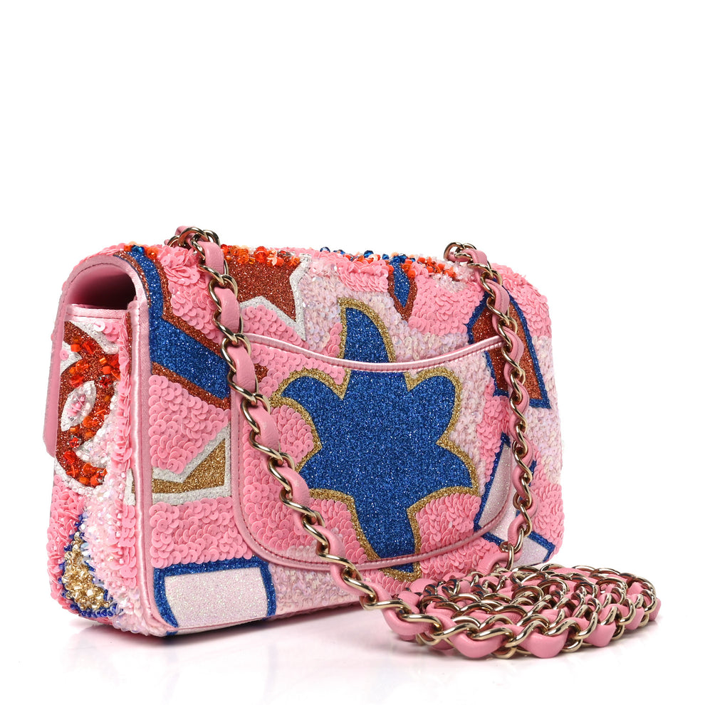 Chanel Satin Sequin Embellished Mini Rectangular Flap Pink White Blue ...