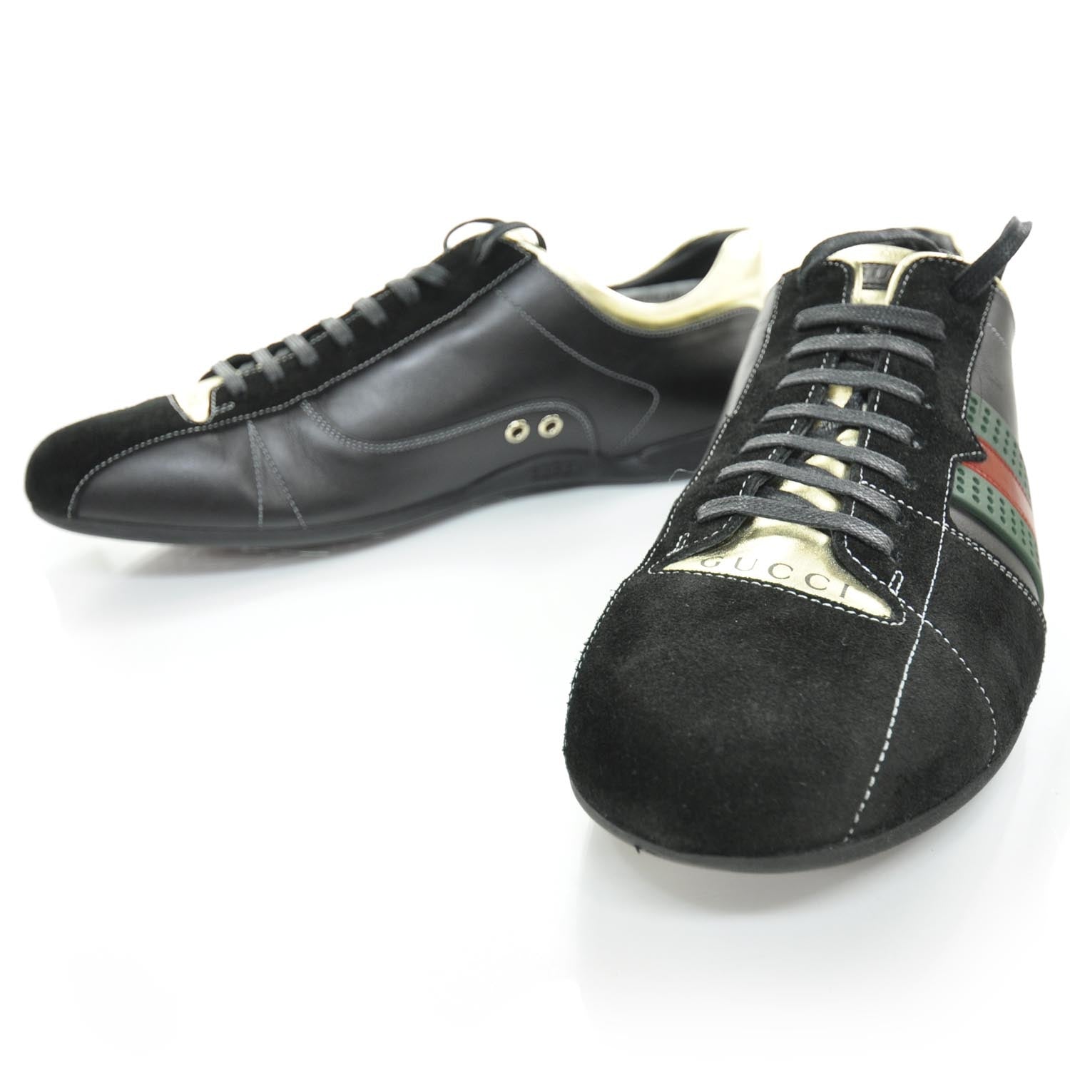 Gucci Mens Suede and Leather Perforated Web Sneakers 9 Black 24434 ...