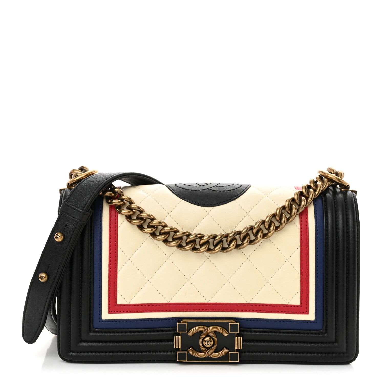 Chanel Lambskin Quilted Crest Embellished Medium Boy Flap Black White ...