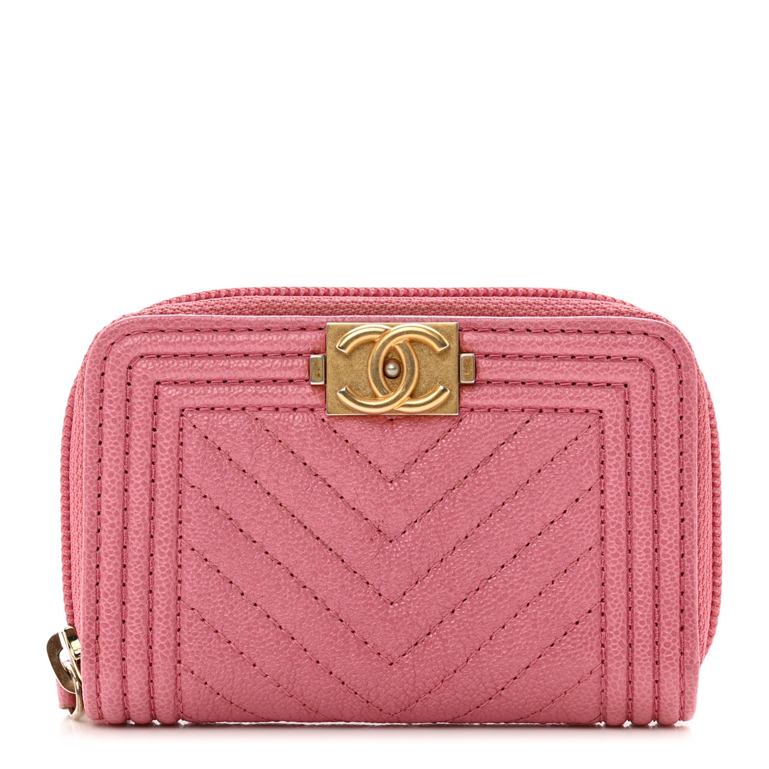 Chanel Caviar Chevron Quilted Boy Zip Around Coin Purse Wallet Pink ...