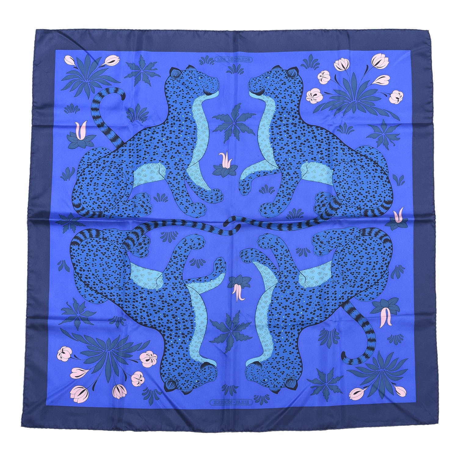 Hermes Silk Les Leopards Scarf 90 Marine Bleu Roy Turquoise 618884 ...