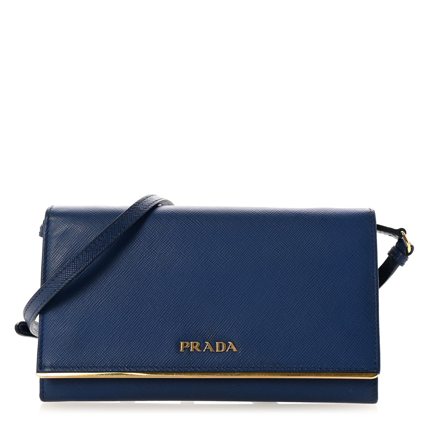 Prada Saffiano Metal Bar Flap Wallet with Strap Bleuette 1678229 ...