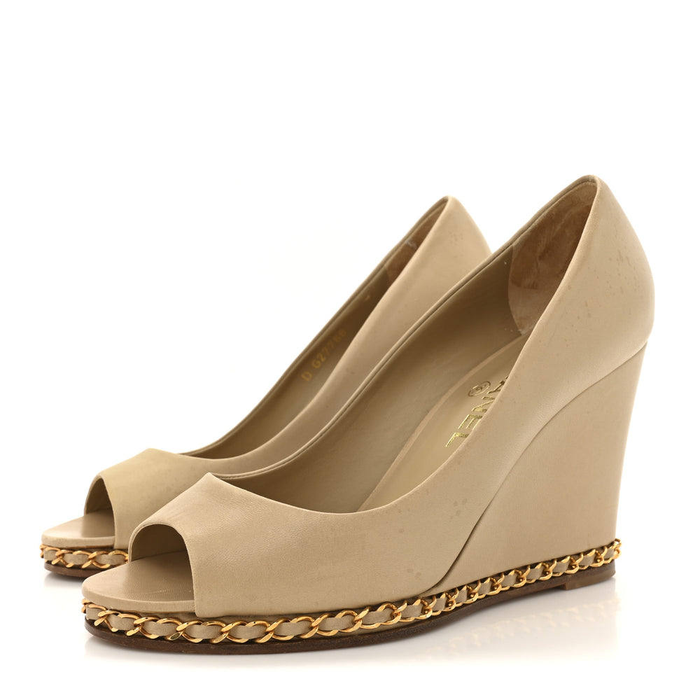 Chanel Calfskin Chain Peep Toe Wedge Pumps 39 Beige 1767625 – FASHIONPHILE