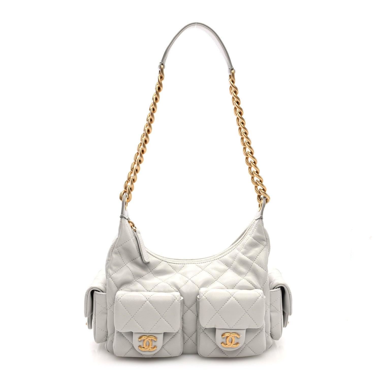 Chanel Shiny Lambskin Quilted Large Trendy Pockets Hobo Light Grey ...