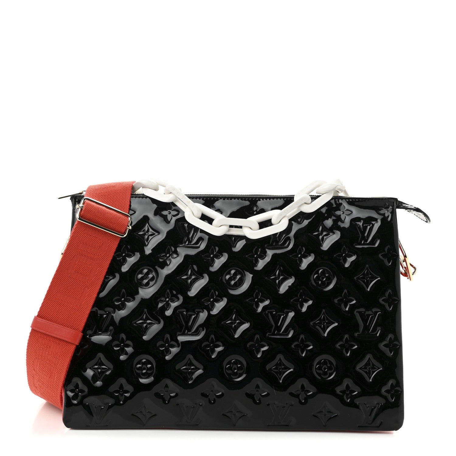 Louis Vuitton Patent Embossed Monogram Lambskin Coussin MM Black Red ...