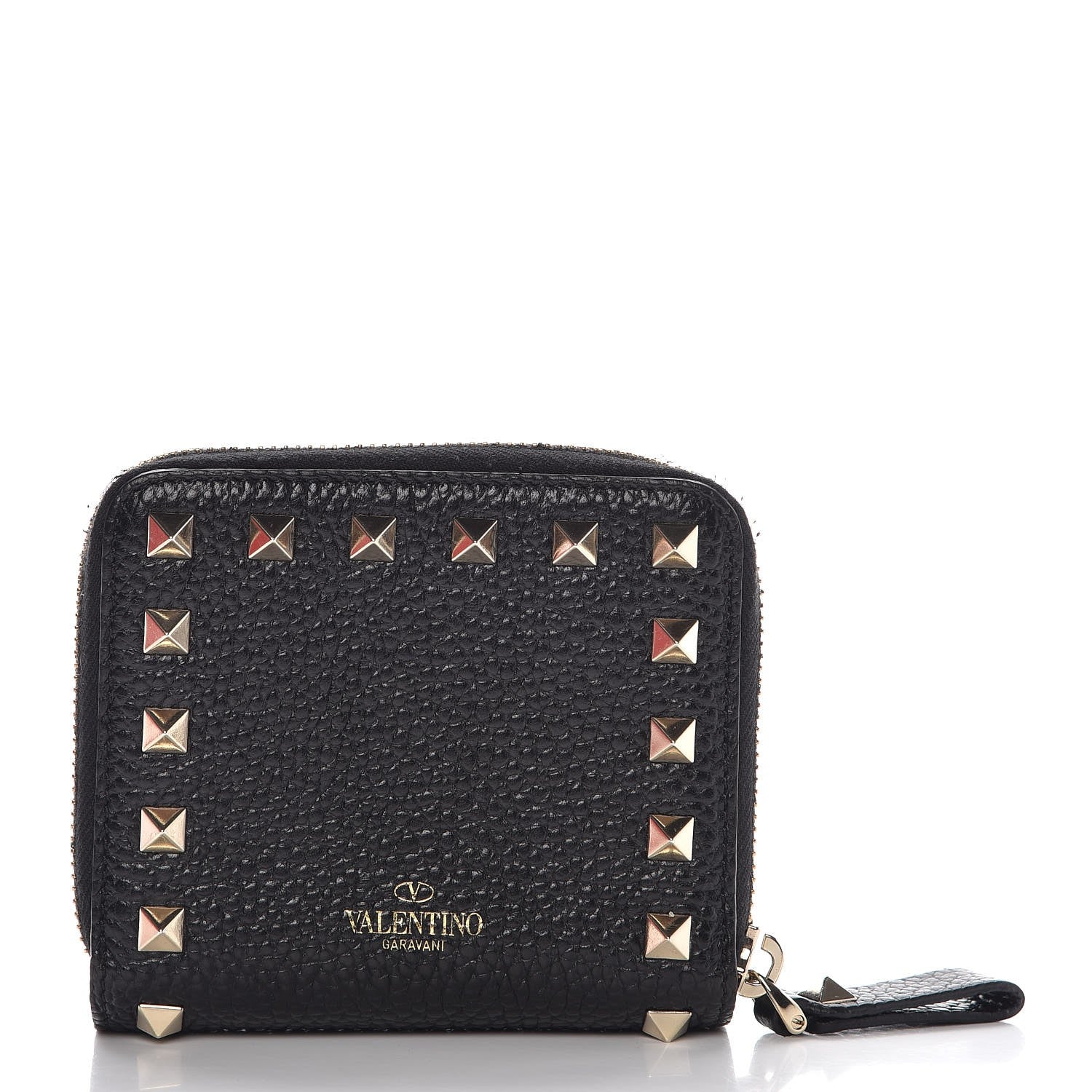 Valentino Garavani Pebbled Calfskin Rockstud Compact Zip Around Wallet ...