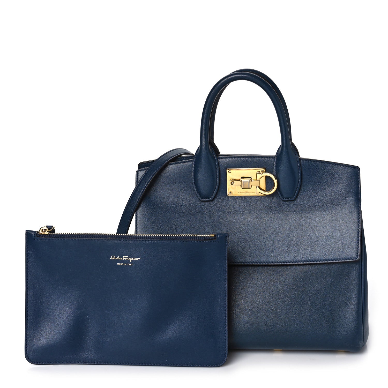 Salvatore Ferragamo Calfskin Medium Studio Bag Navy 1263199 – FASHIONPHILE