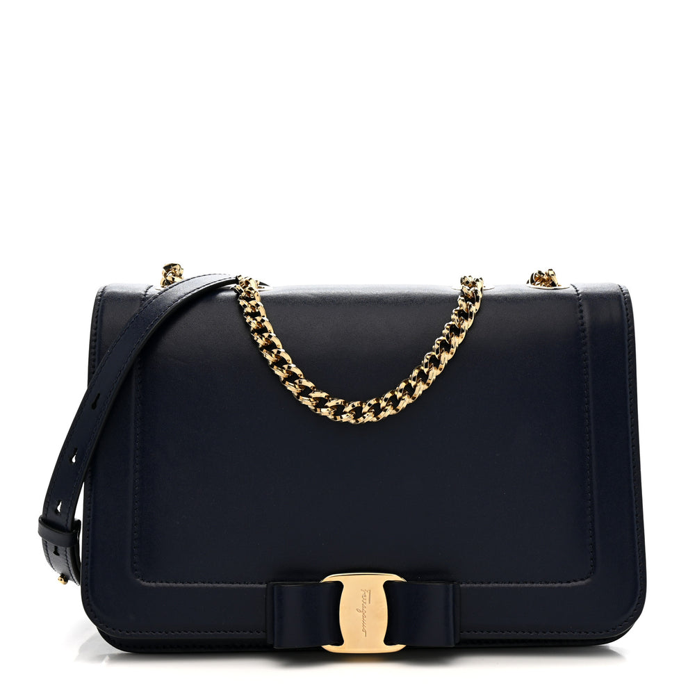 Salvatore Ferragamo Smooth Calfskin Vara Bow Chain Flap Crossbody Navy ...