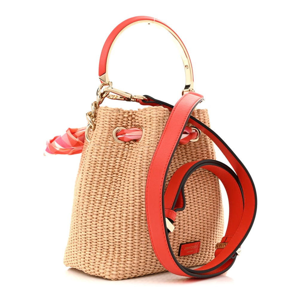 Jimmy Choo Raffia Bon Bon Bow Bucket Bag Natural Paprika Candy Pink ...