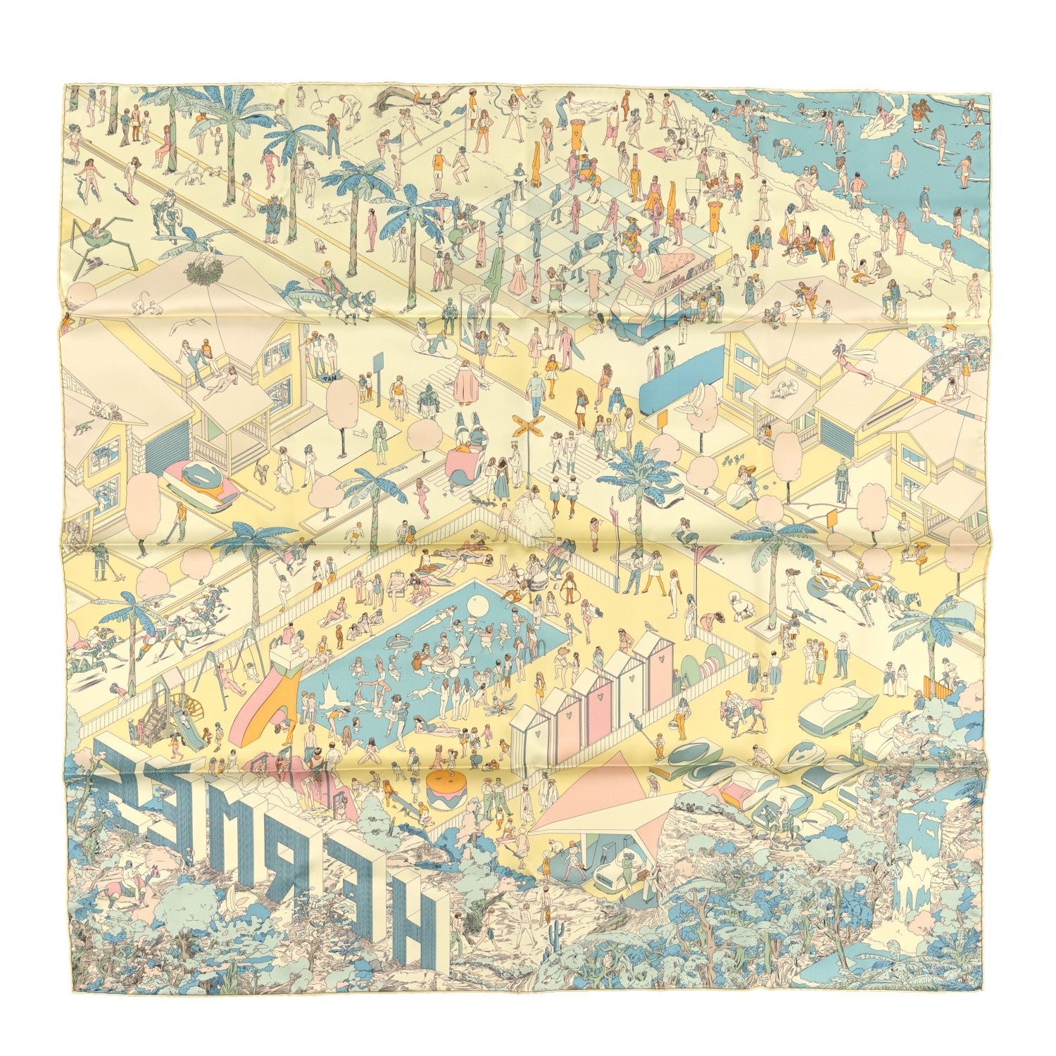 Hermes Silk On The Beach Scarf 90 Jaune Soufre Aqua 1371600 – FASHIONPHILE