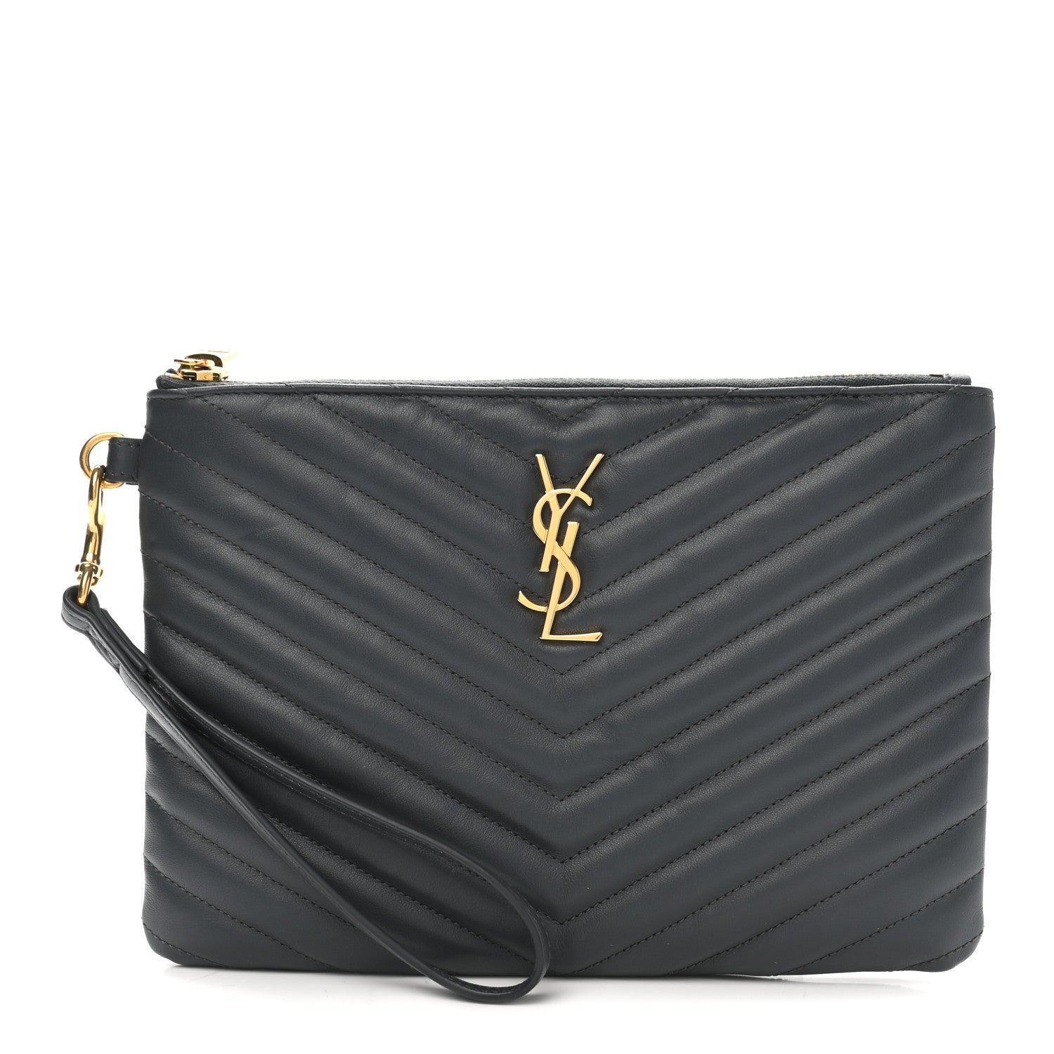 Saint Laurent Calfskin Matelasse Chevron Monogram A5 Wristlet Dark Smog ...