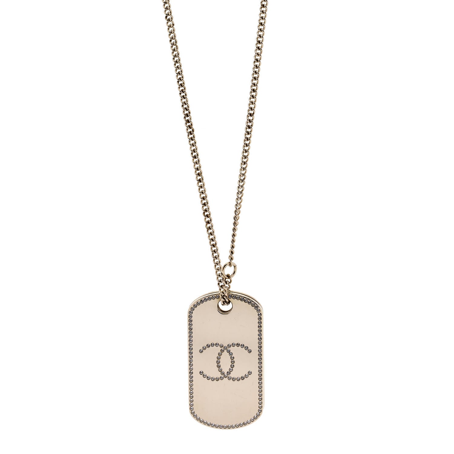 Chanel Metal Crystal Dog Tag Charm Necklace Gold 1664167 – FASHIONPHILE