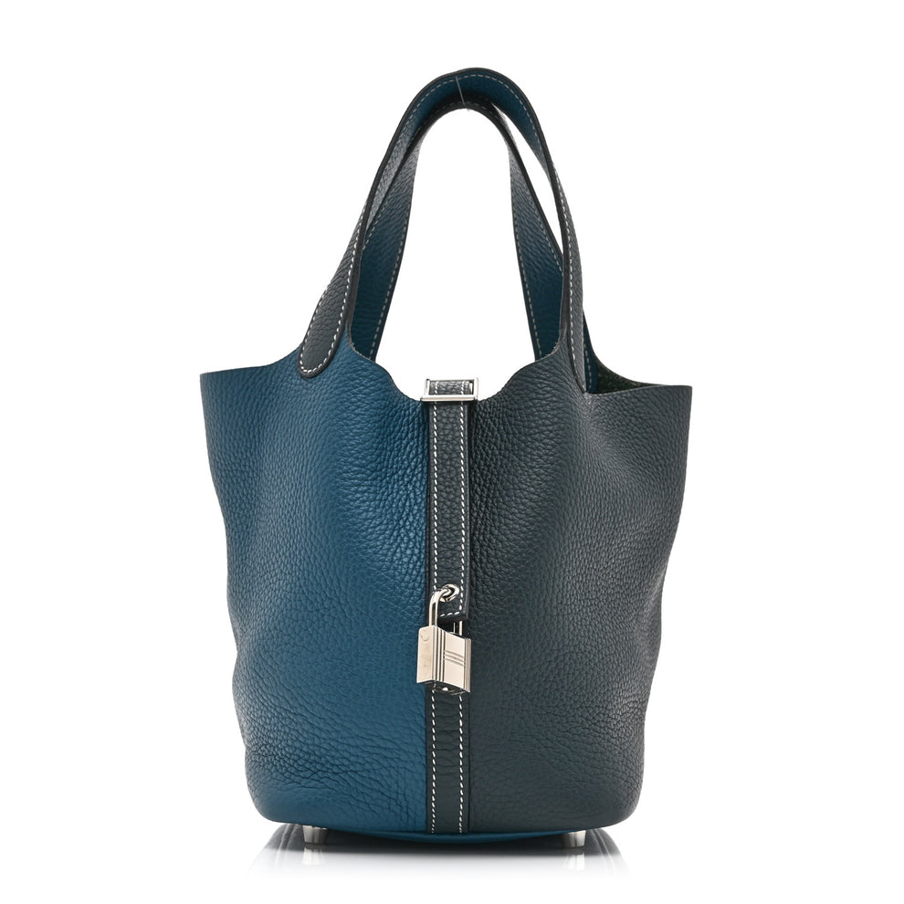 Hermes Taurillon Clemence Casaque Picotin Lock 18 MM Vert Bosphore Deep Bleu 1763690 – FASHIONPHILE