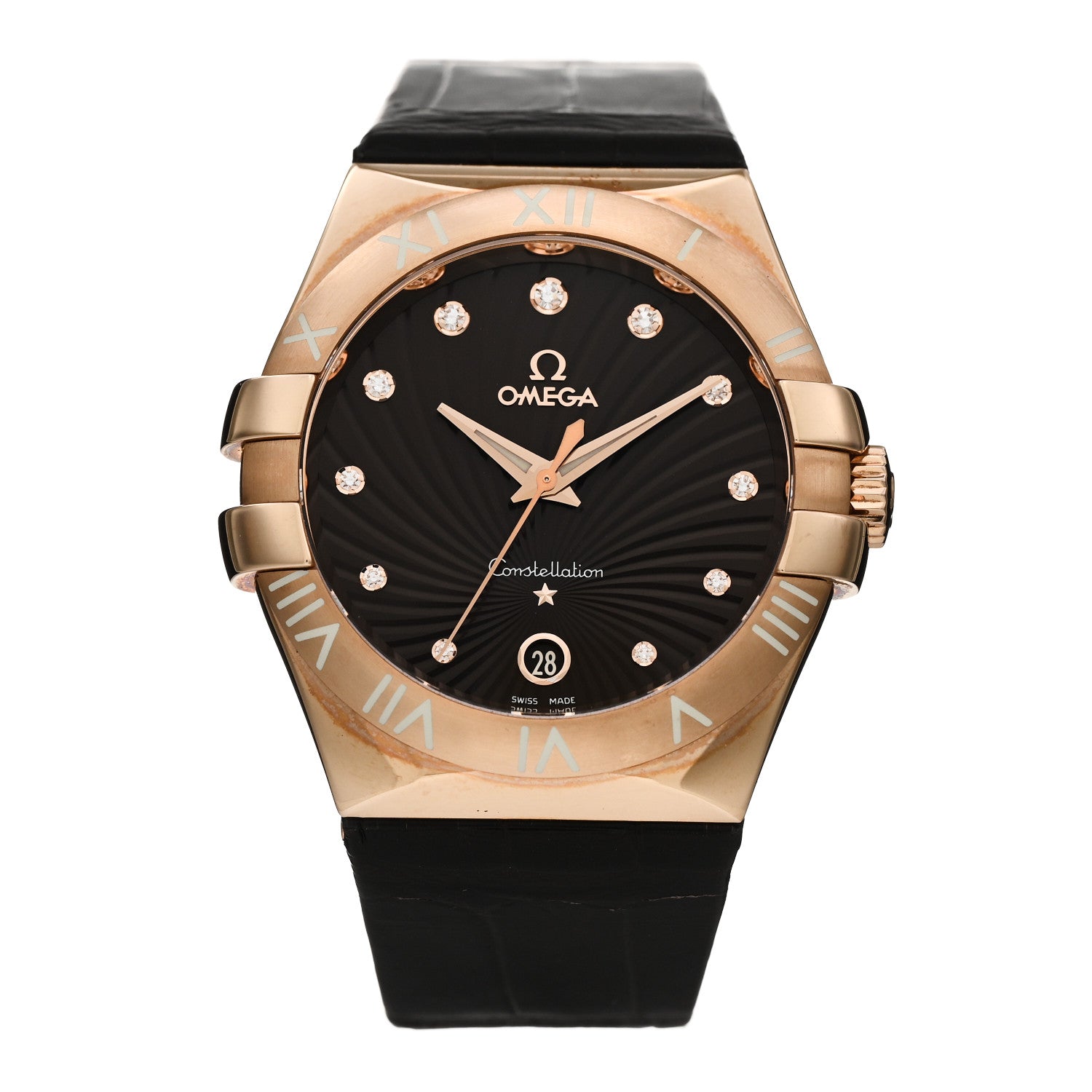 OMEGA 18K Red Gold Alligator Diamond 35mm Constellation Quartz Watch ...