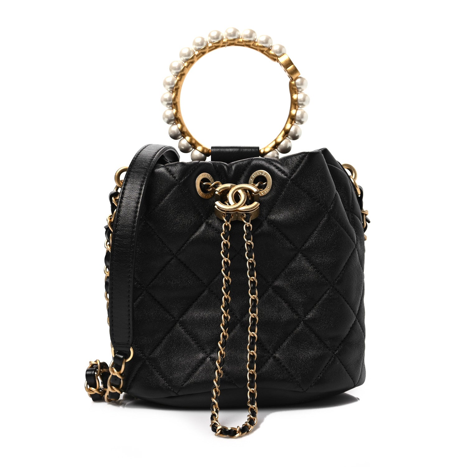 Chanel Lambskin Quilted Pearl Crown Drawstring Bag Black 1226058 ...
