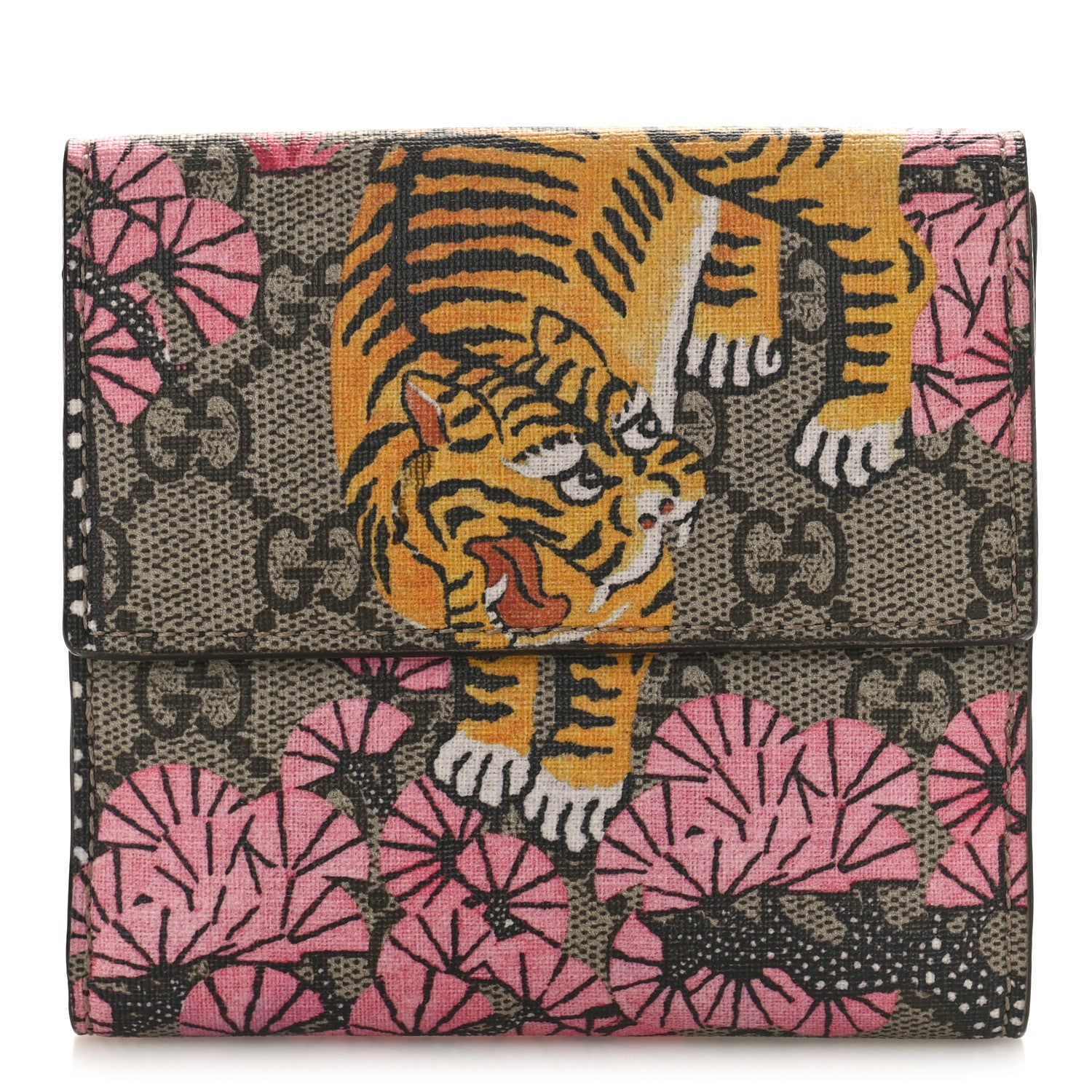 Gucci GG Supreme Monogram Bengal French Flap Wallet Beige Pink 1453143 ...