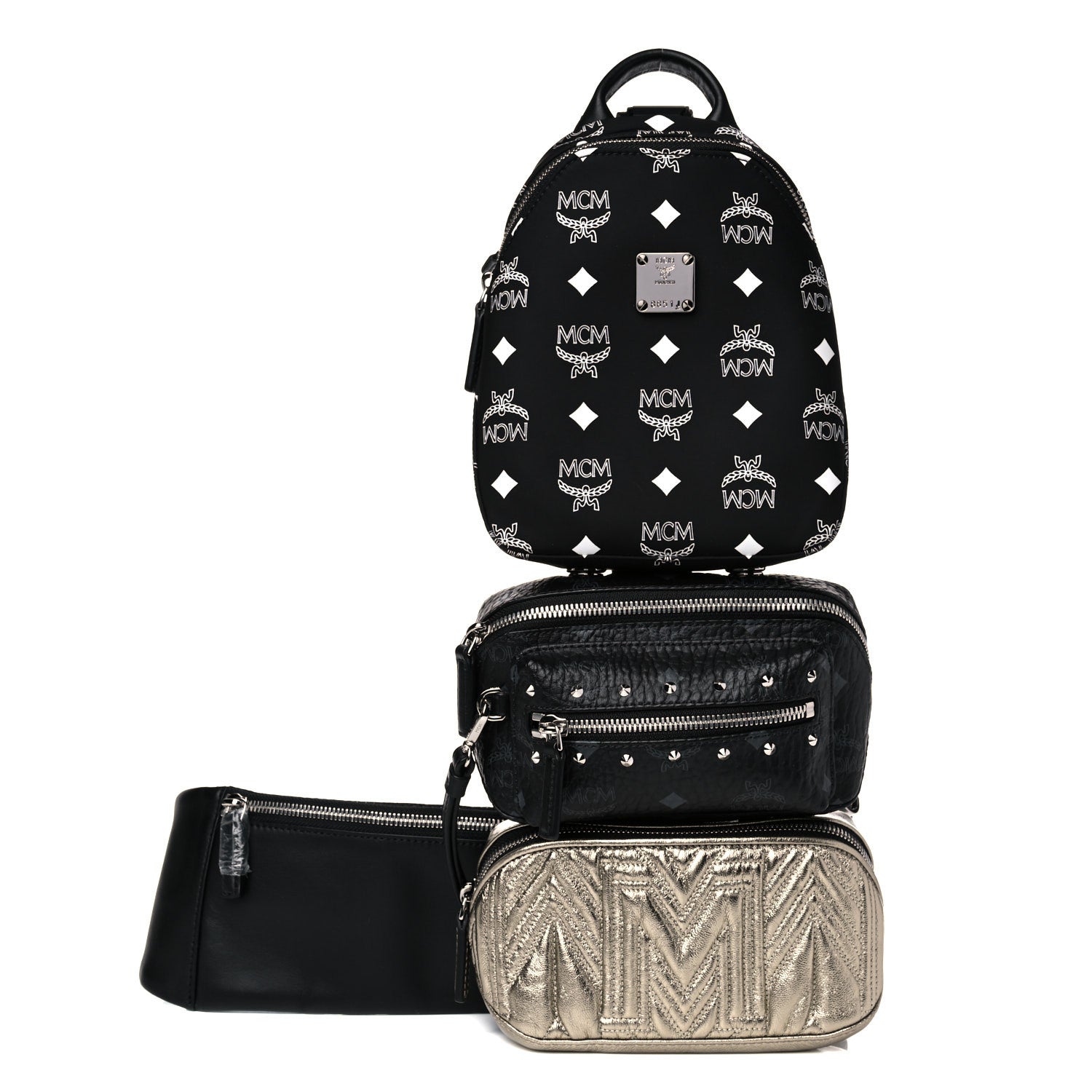 MCM Visetos Trey 4-in-1 Sling Backpack Black Gold 866999 – FASHIONPHILE