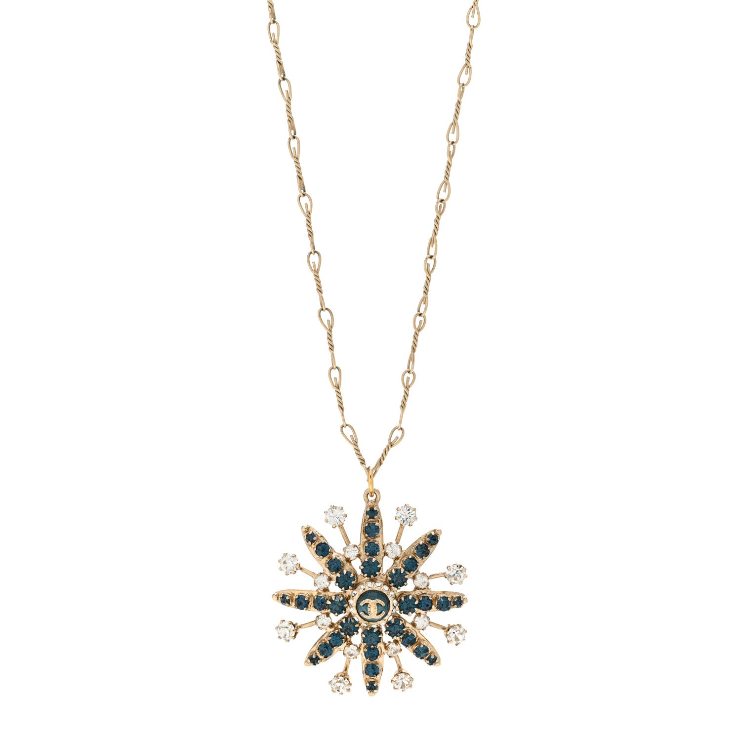 Chanel Crystal Snowflake CC Pendant Necklace Gold Blue 1321043 ...