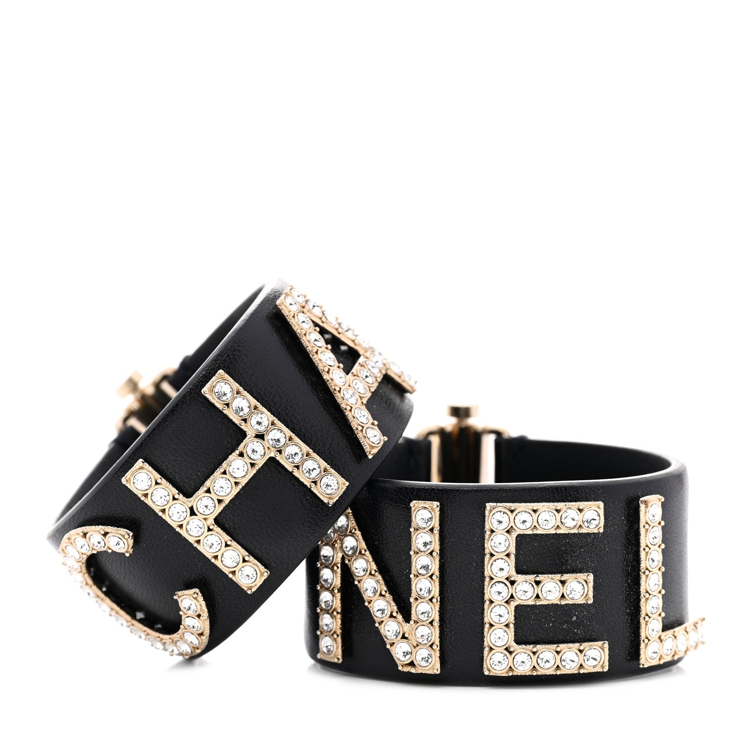 Chanel Crystal Lambskin Cha-Nel Logo Cuff Set M Black Gold 1207965 ...