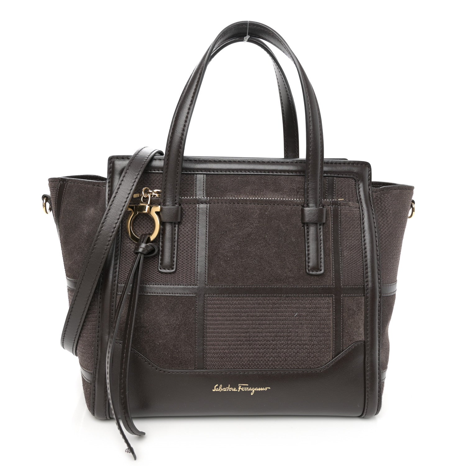 Salvatore Ferragamo Calfskin Suede Patchwork Double Handle Small Amy ...