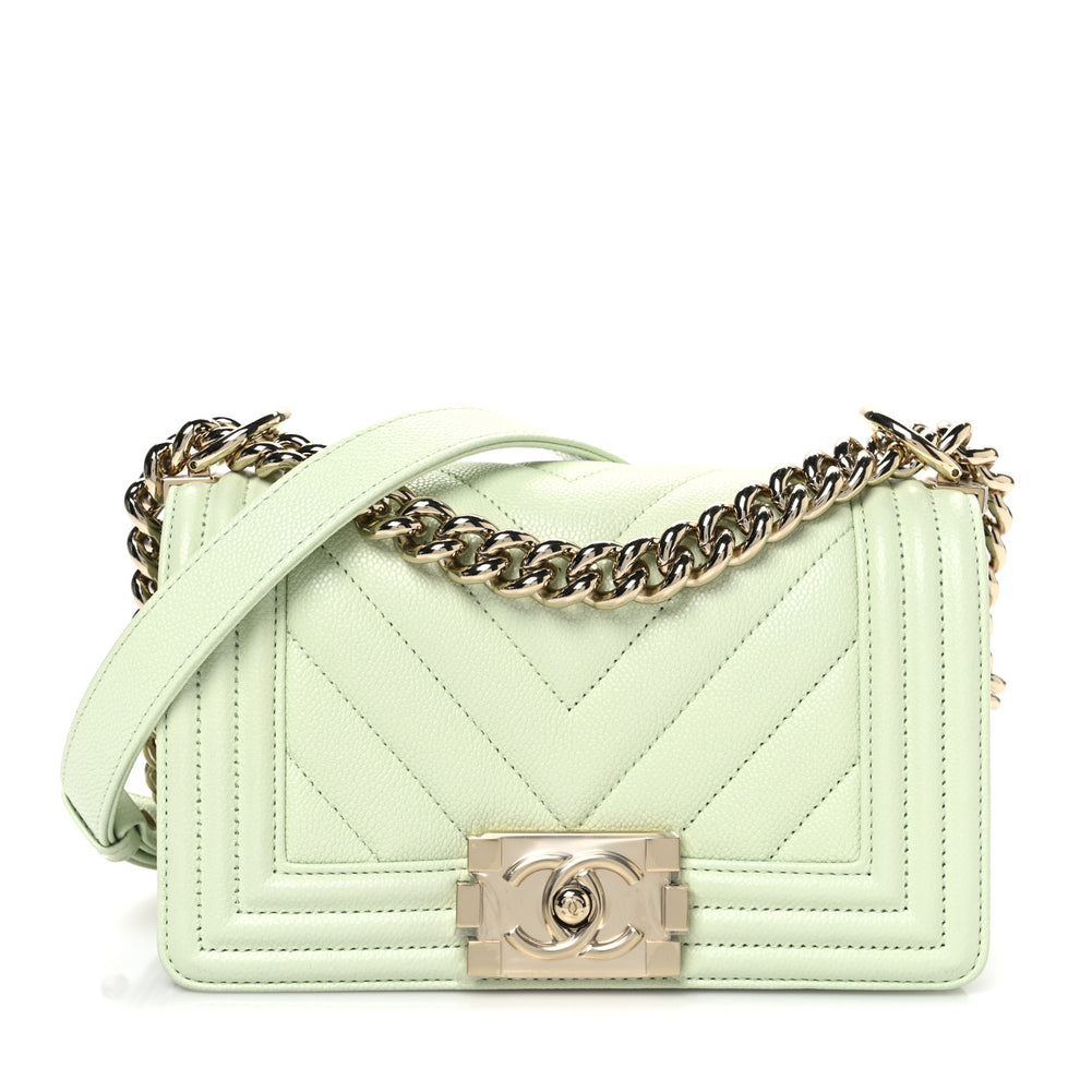Chanel Caviar Chevron Quilted Small Boy Flap Light Green 1798786 ...