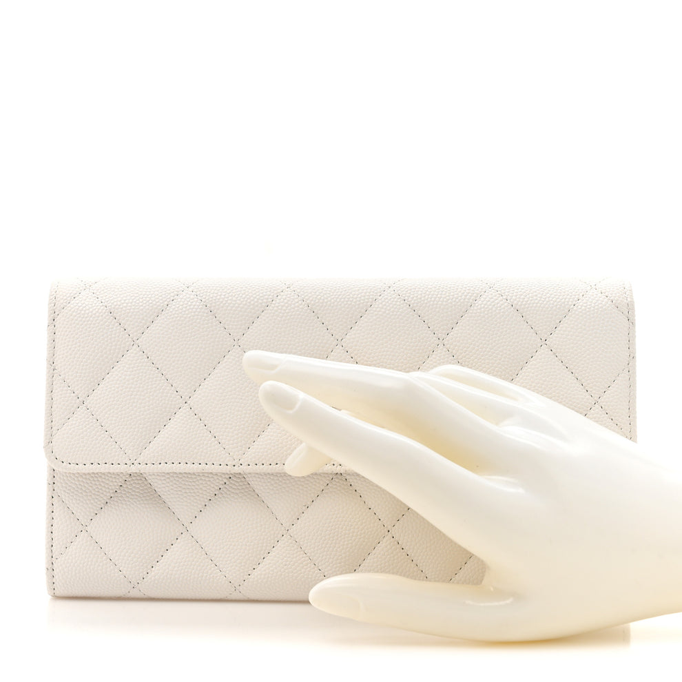 Chanel Caviar Quilted Striated CC Large Gusset Flap Wallet White ...