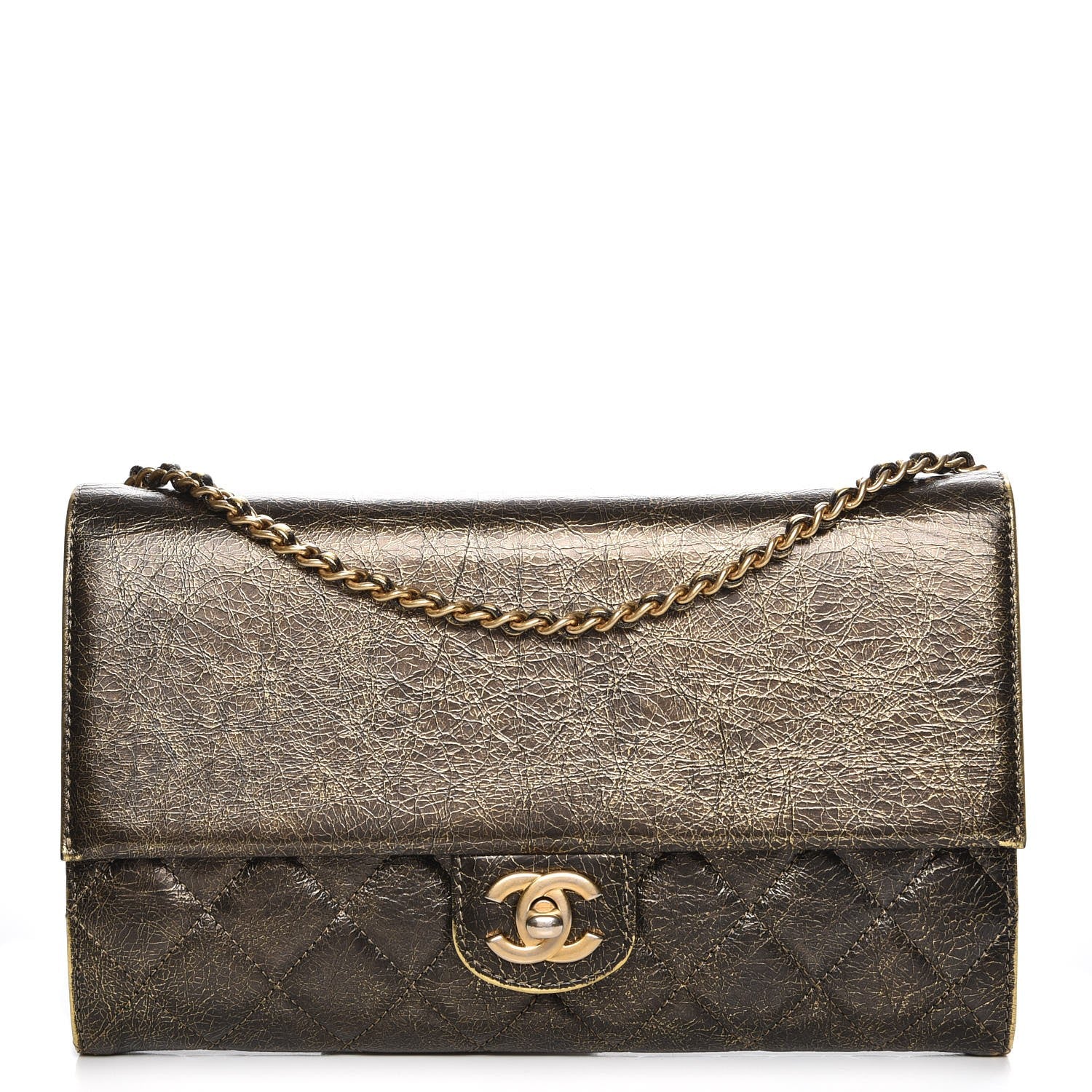 Chanel Cracked Metallic Calfskin Quilted Zip Away Chain Clutch Gold ...