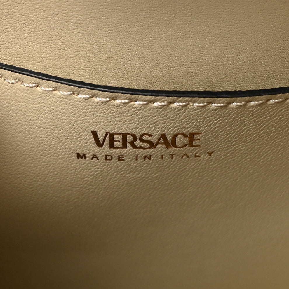 Versace Calfskin Canvas Allover La Medusa Small Top Handle Handbag ...