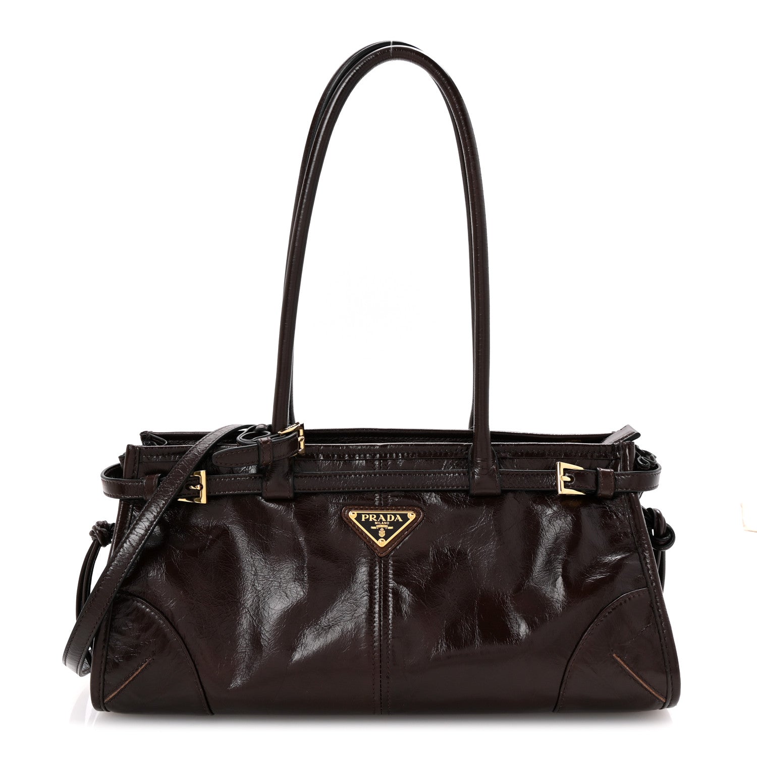 Prada Glossy Calfskin Triangle Medium Bonnie Shoulder Bag Dark Brown ...
