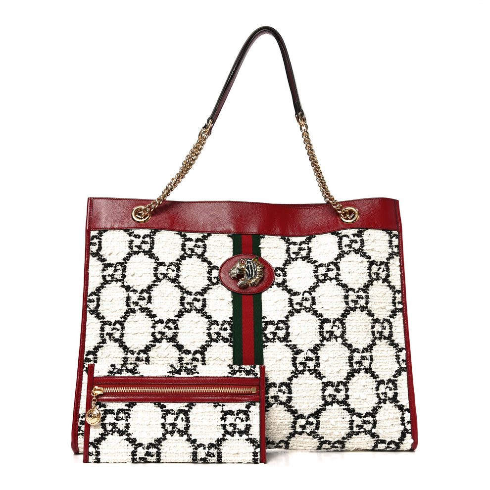 Gucci Tweed GG Monogram Large Rajah Chain Tote White Black Romantic ...