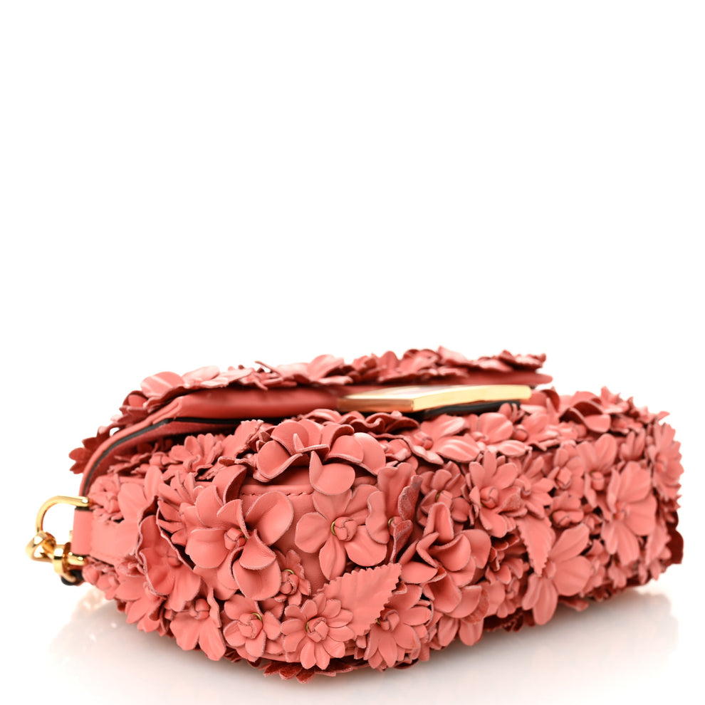 Fendi Vitello Grace 3D Floral Embroidered Flower Mini Baguette Rosa ...