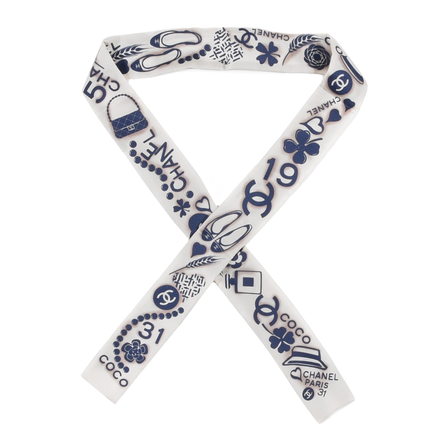 Chanel Silk CC Slim Bandeau Scarf White Blue 930778 – FASHIONPHILE
