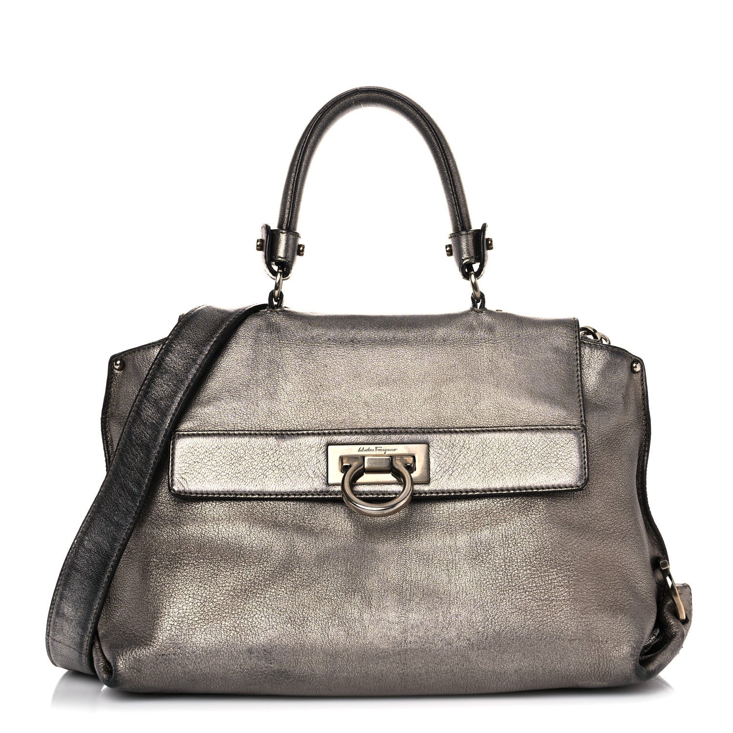 Salvatore Ferragamo Metallic Grained Calfskin Sofia Satchel Silver ...