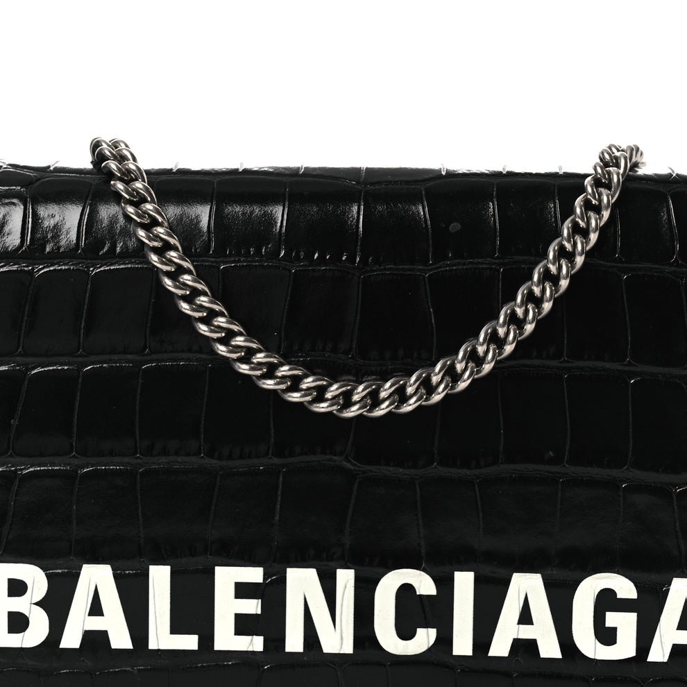 Balenciaga Shiny Calfskin Logo Crocodile Embossed Ville Wallet on Chain ...