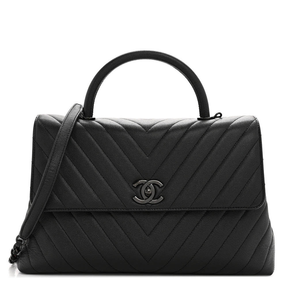 Chanel Caviar Chevron Quilted Medium Coco Handle Flap So Black 1796202 ...