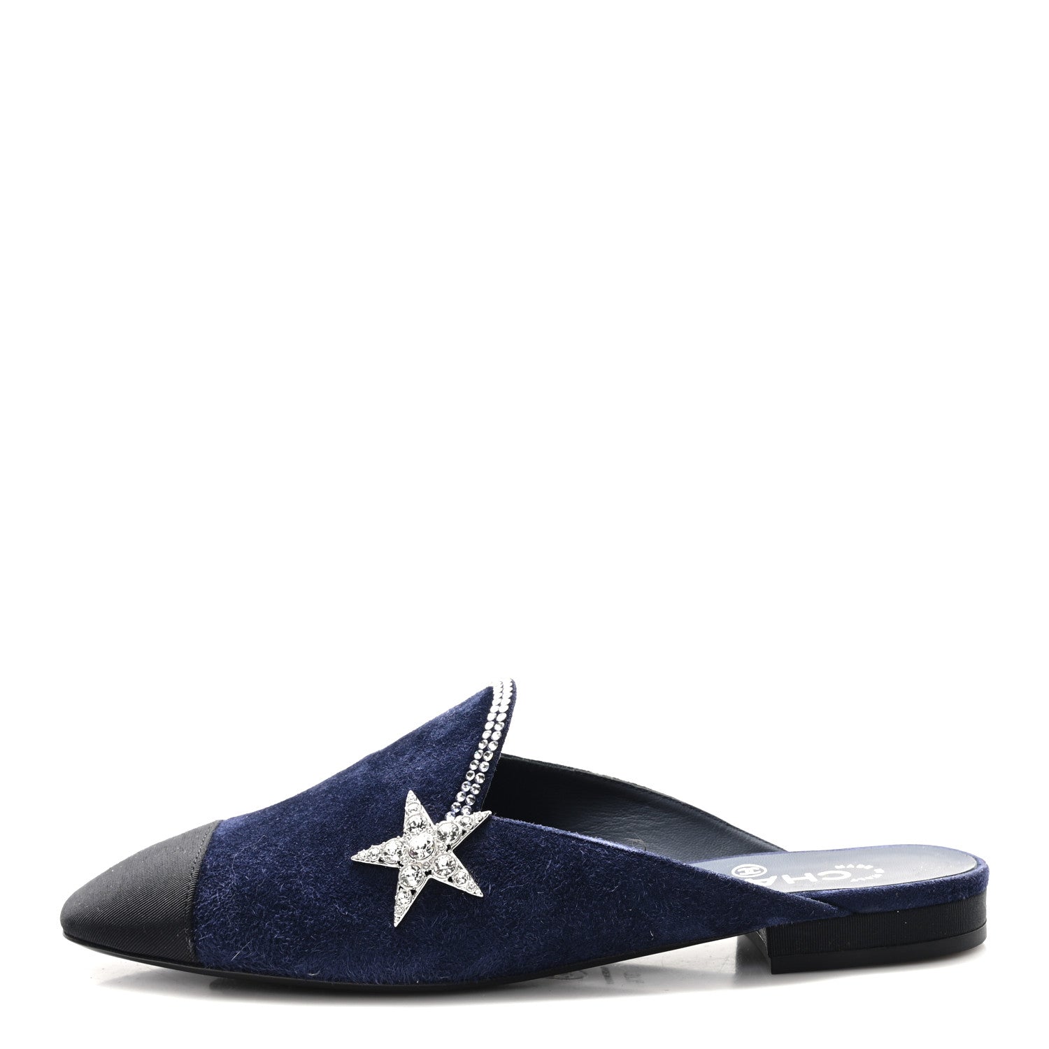 Chanel Suede Calfskin Grosgrain Crystal CC Star Mules 37.5 Blue Black ...