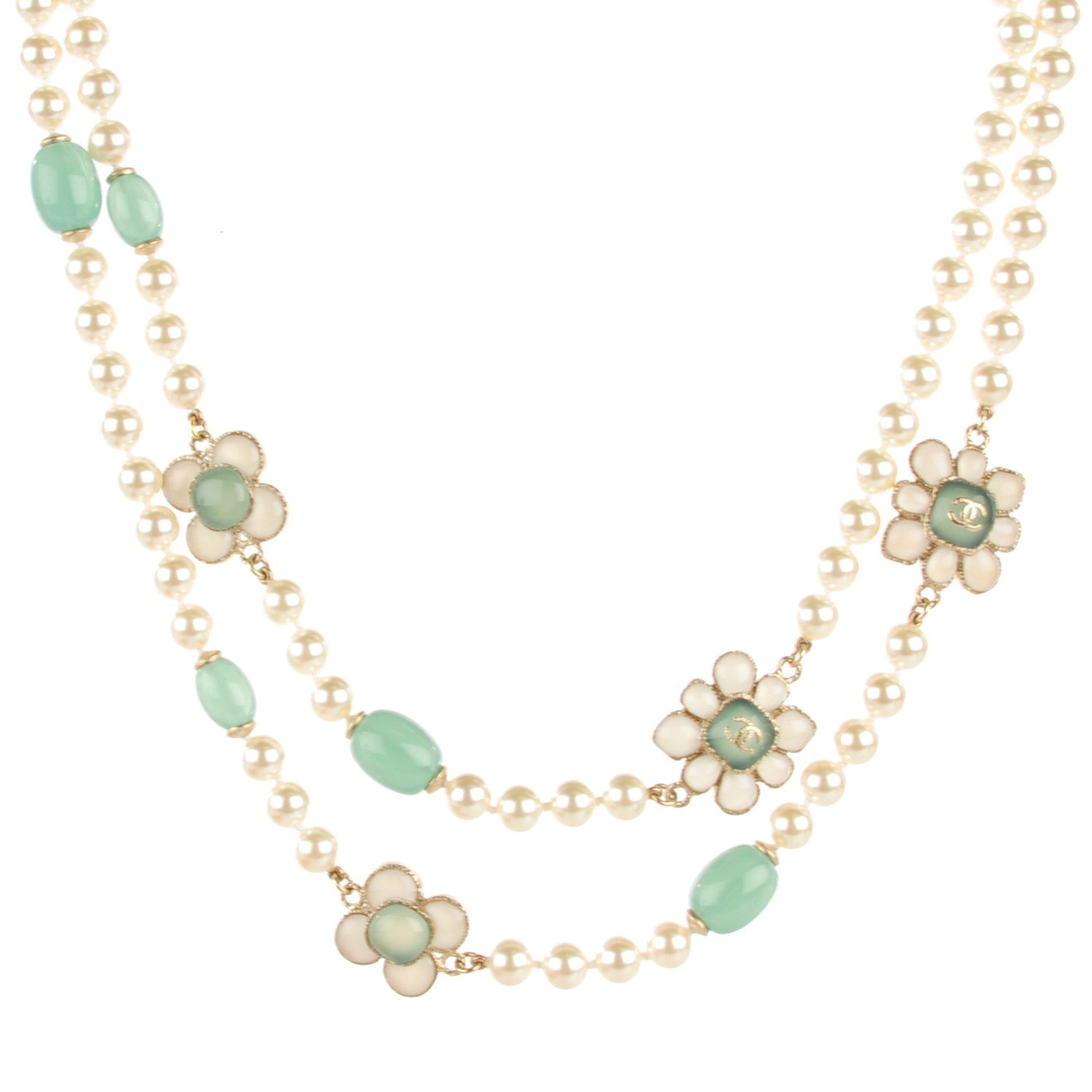 Chanel Pearl Gripoix Poured Glass Long Necklace Gold Green White 123864 ...