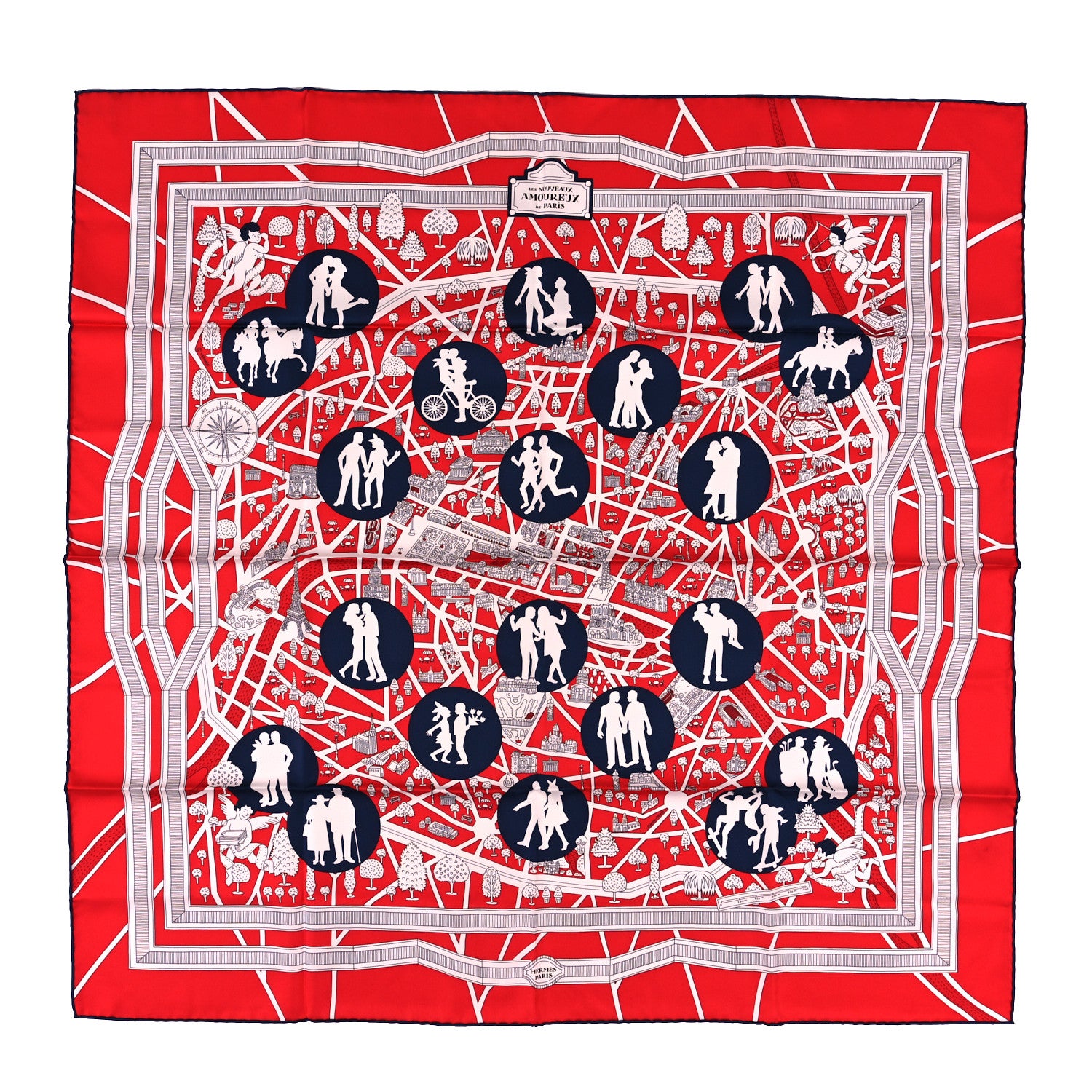 Hermes Silk Les Nouveaux Amoureux de Paris Scarf 90 Rouge Vif Marine ...