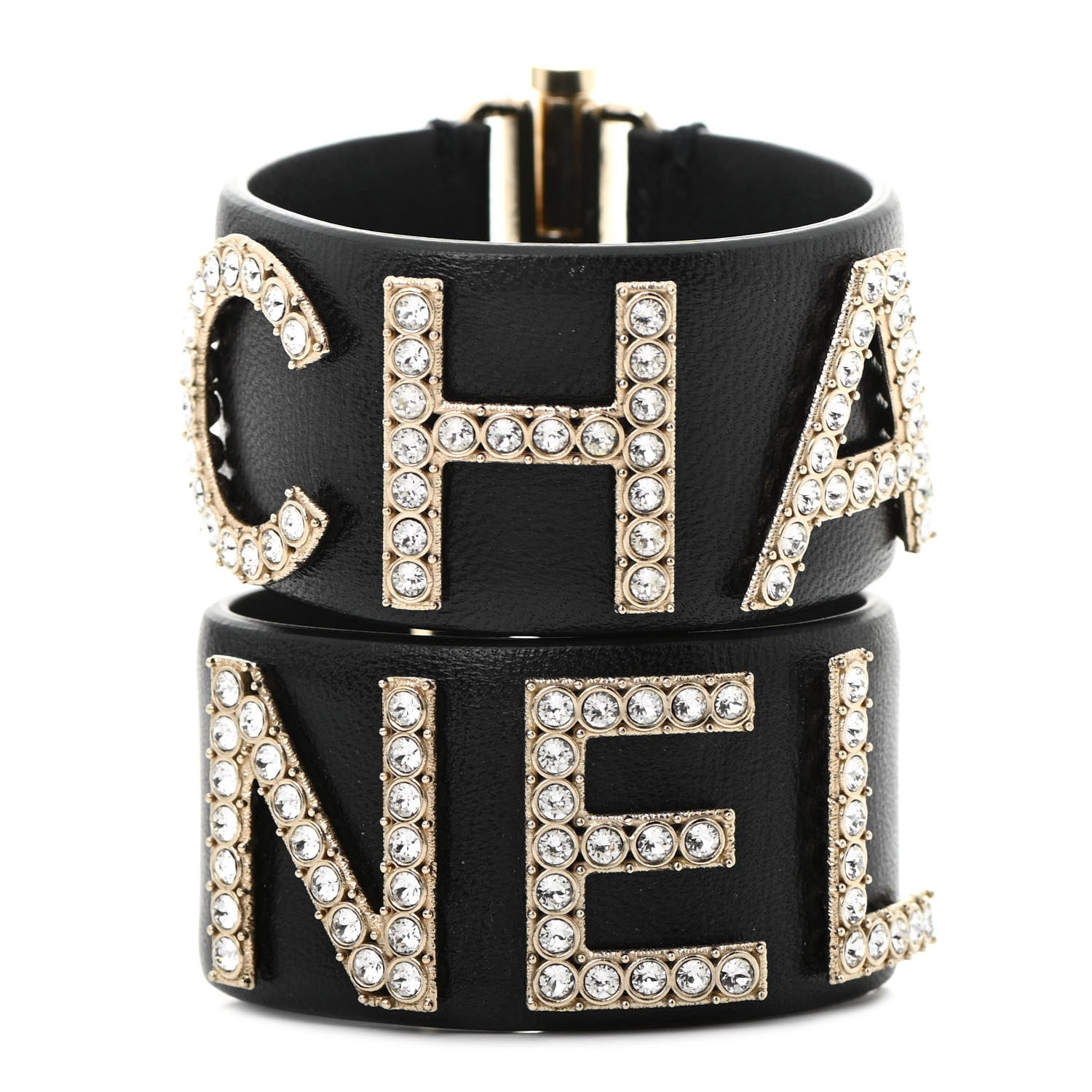 Chanel Crystal Lambskin Cha-Nel Logo Cuff Set S Gold Black 917648 ...