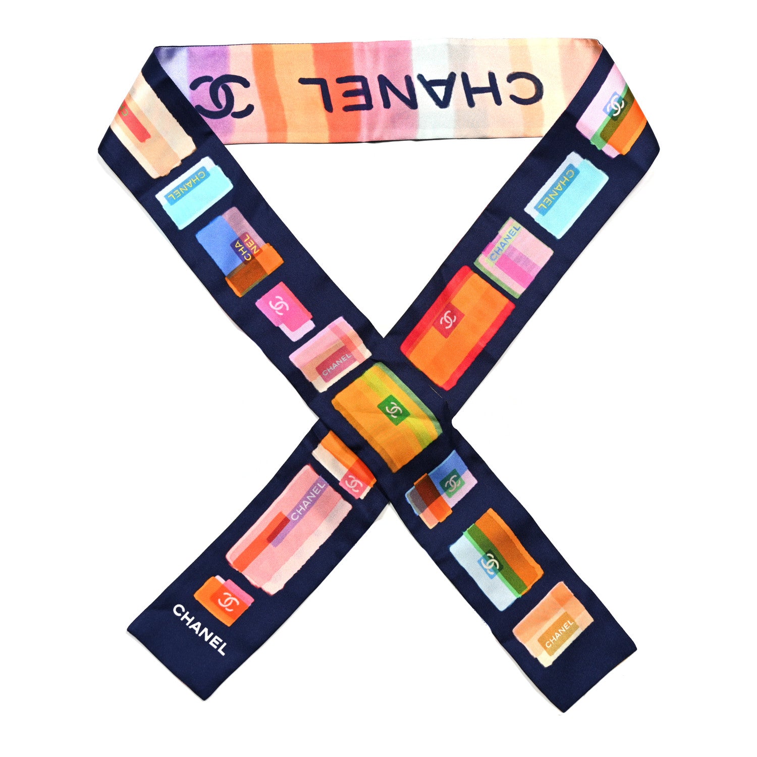 Chanel Silk Logo Slim Bandeau Scarf Dark Navy Orange Blue 1728297 ...