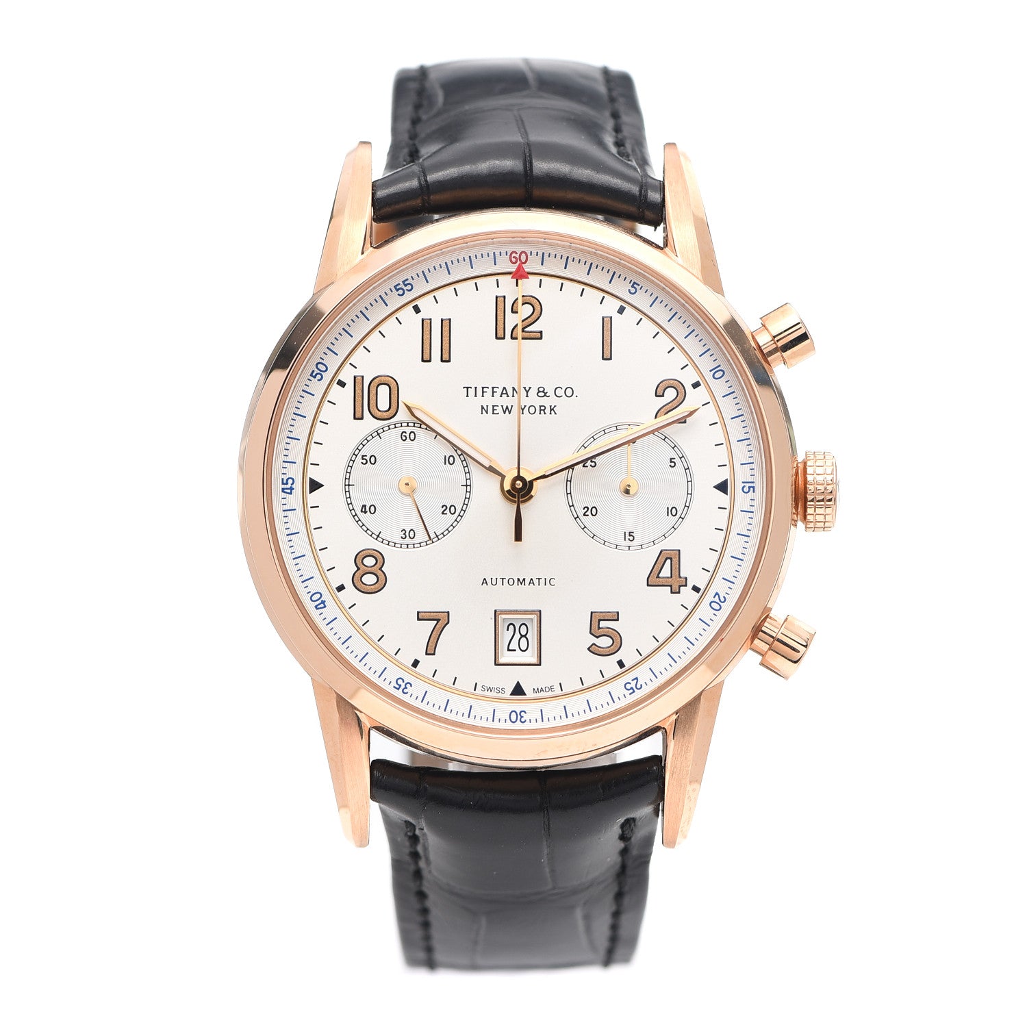 Tiffany 18K Rose Gold Alligator 42mm CT60 Chronograph Automatic Watch ...